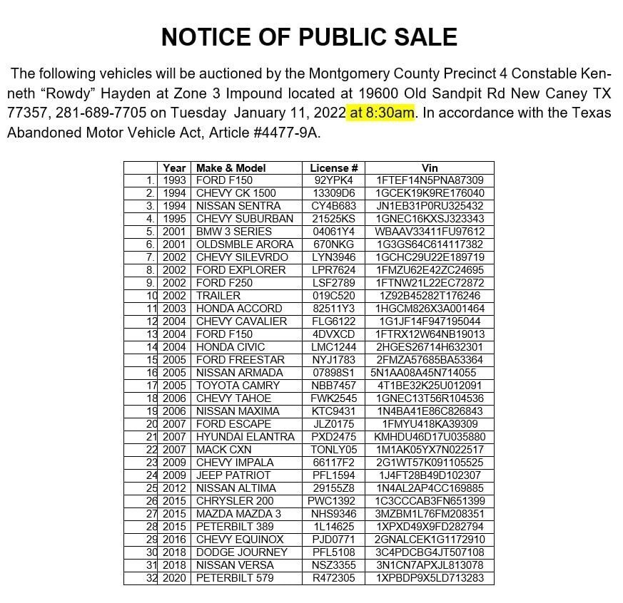 Montgomery County Vehicle Auction on 1/11/22 at 8:30am