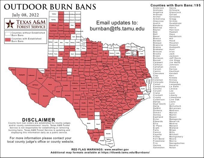 197 of 254 Texas counties under Burn Ban as of 7/11/22