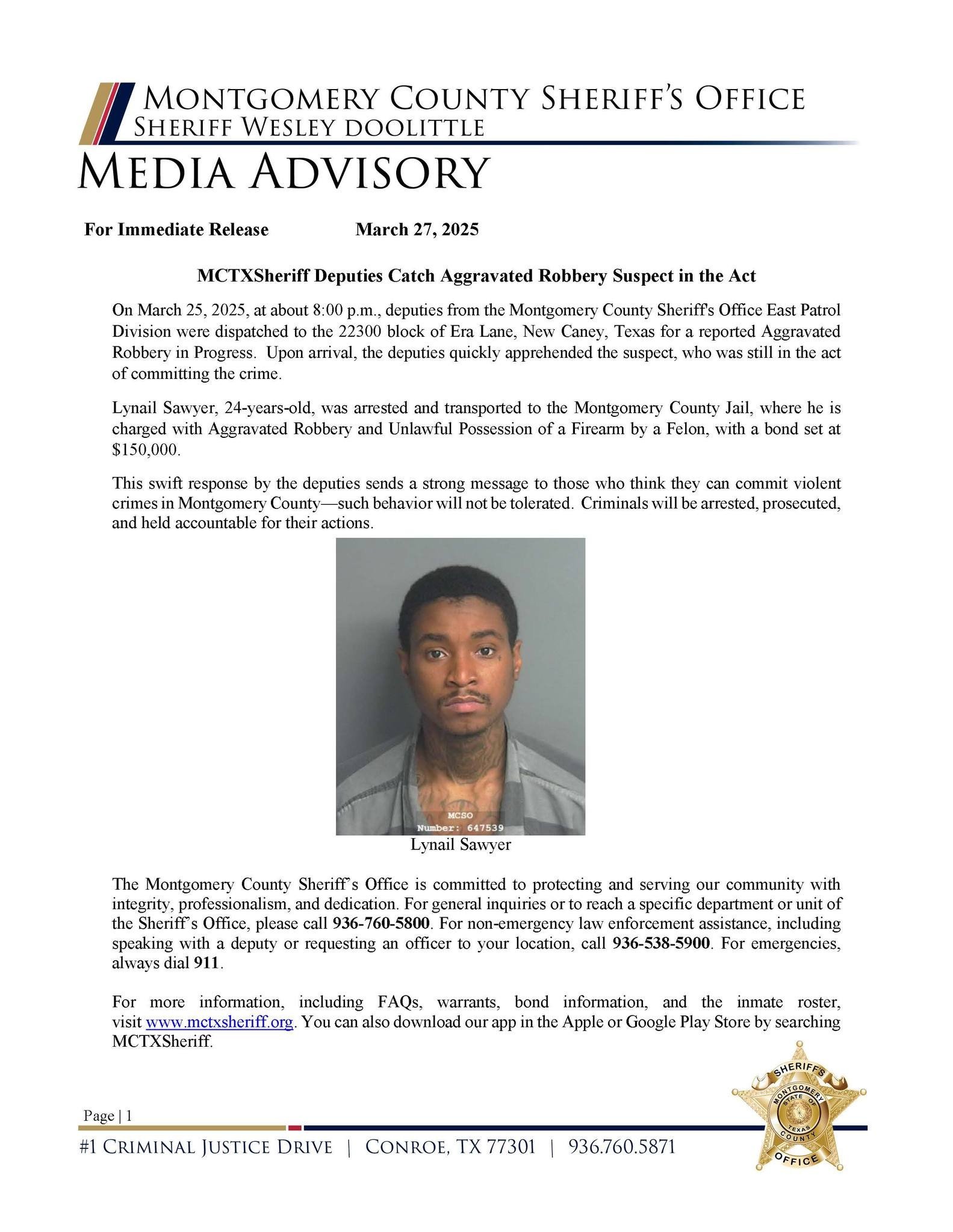 MCTX Sheriff Deputies Catch Aggravated Robbery Suspect in New Ca